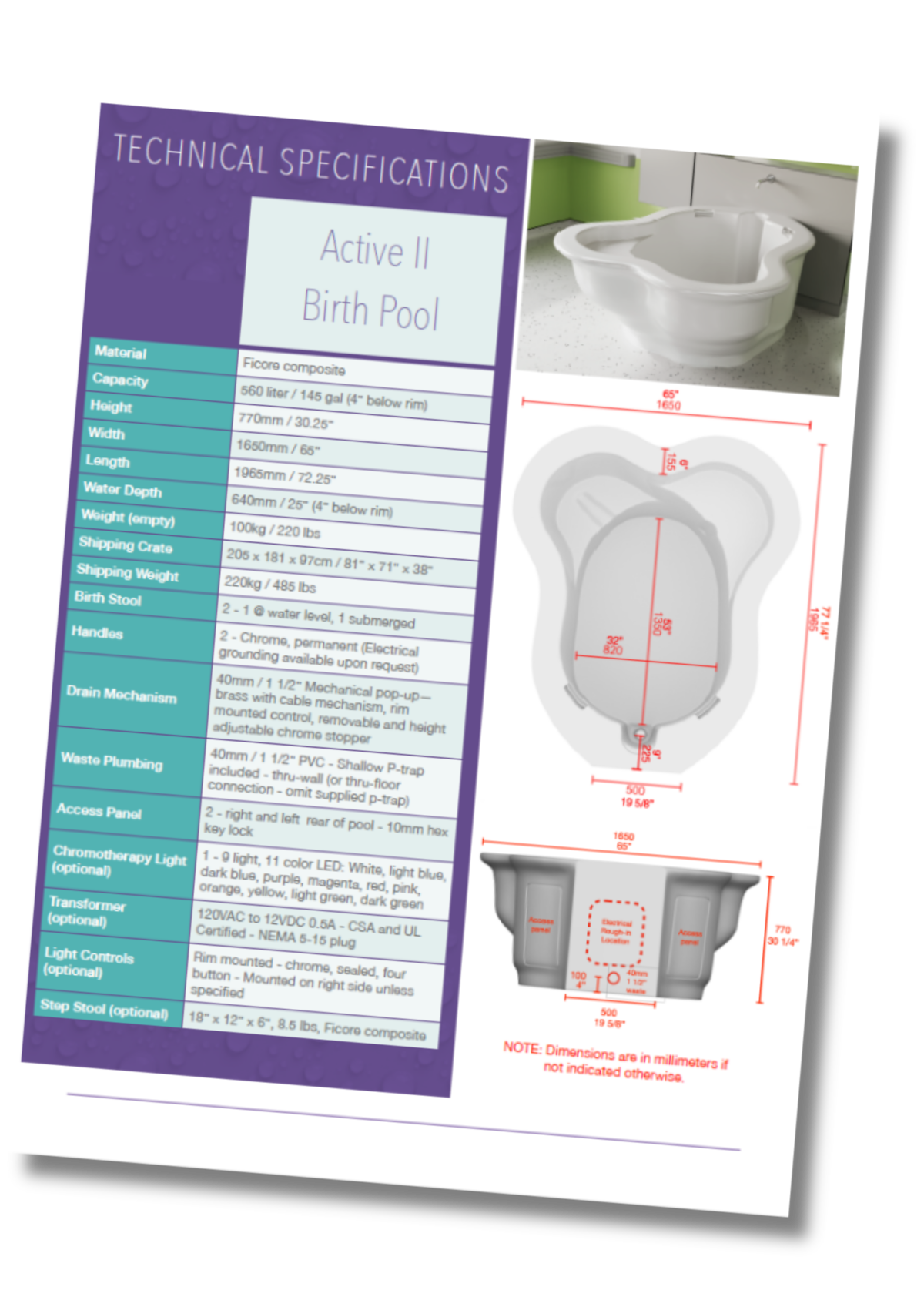 Technical Specifications - Active Birth Pools