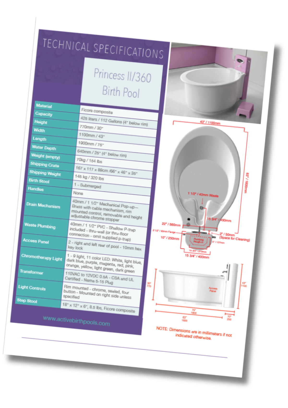 Technical Specifications - Active Birth Pools