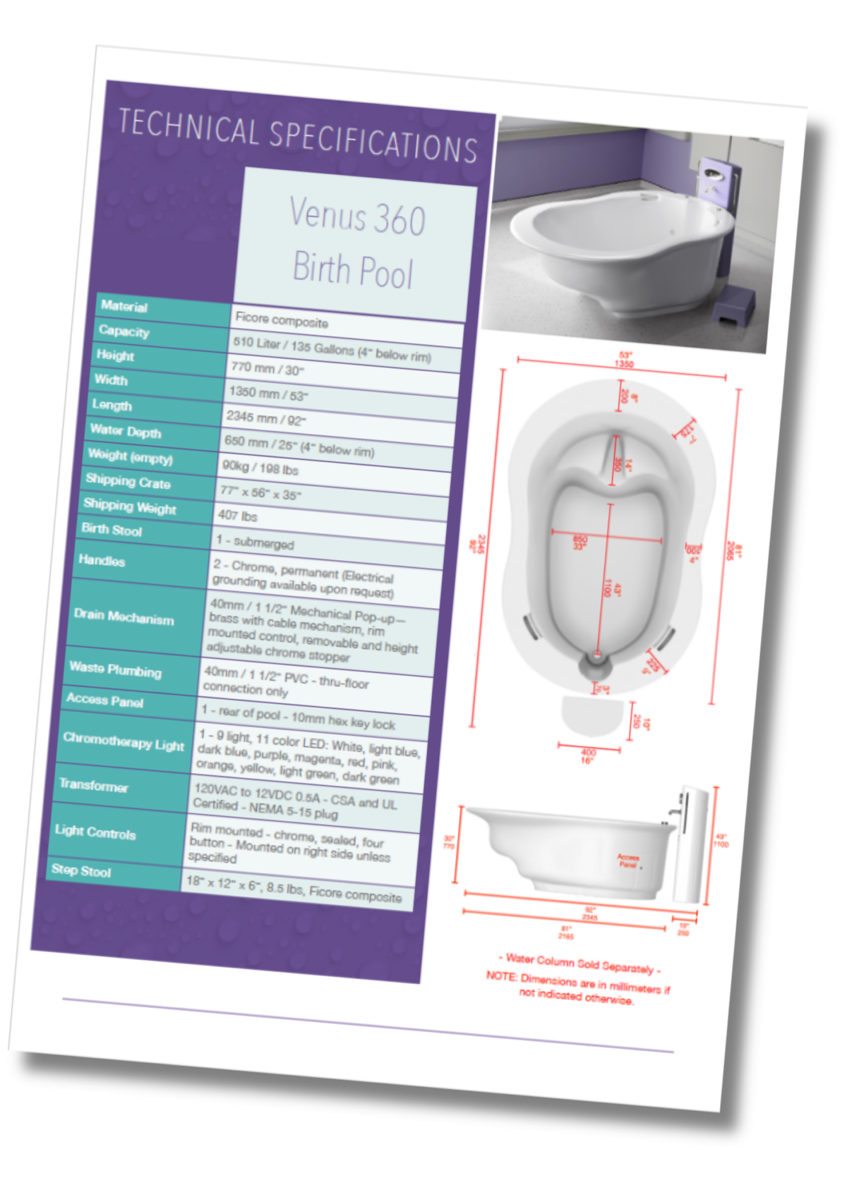 Technical Specifications - Active Birth Pools